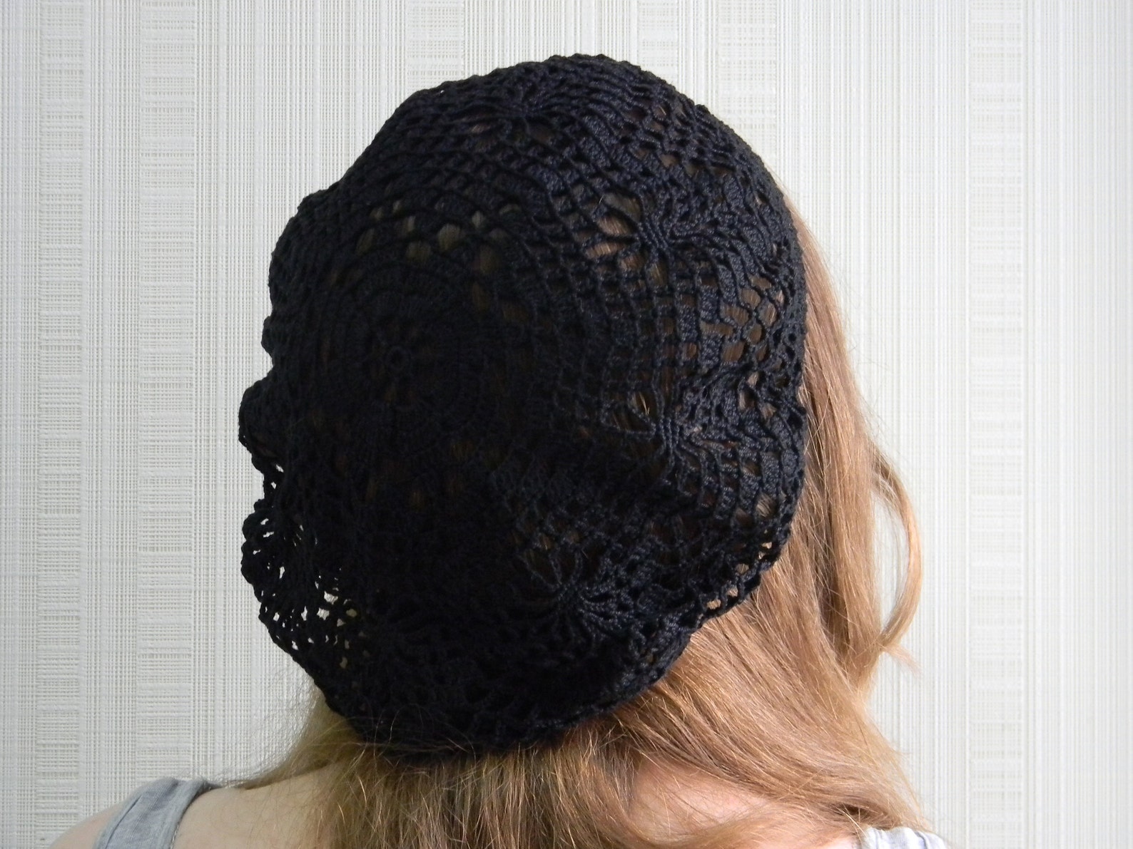 Black summer beret for women Summer beanie crochet hair snood | Etsy