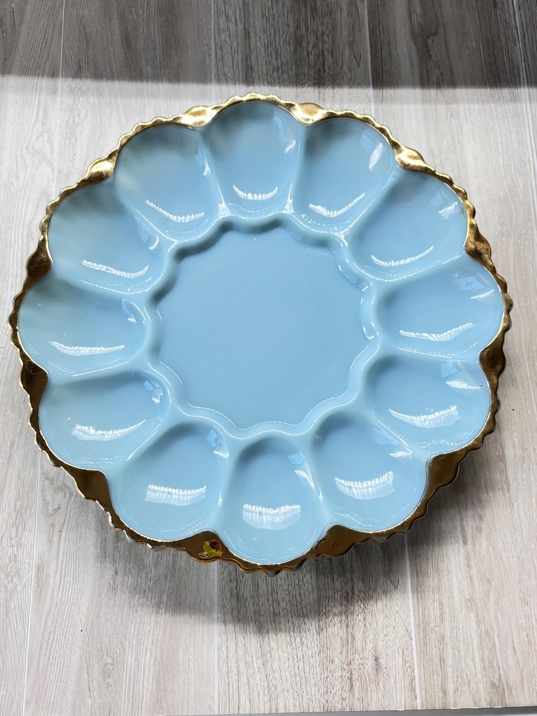 Anchor Hocking Fire King Delphite Blue Milk Glass Gold Trim Deviled Egg ...