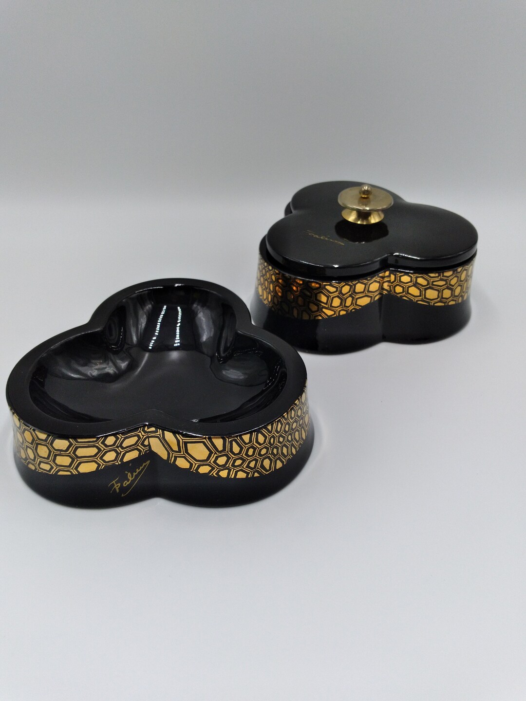 Vintage Tamarri E Palmieri Vanity Set: MCM Black & Gold Trinket Dish ...