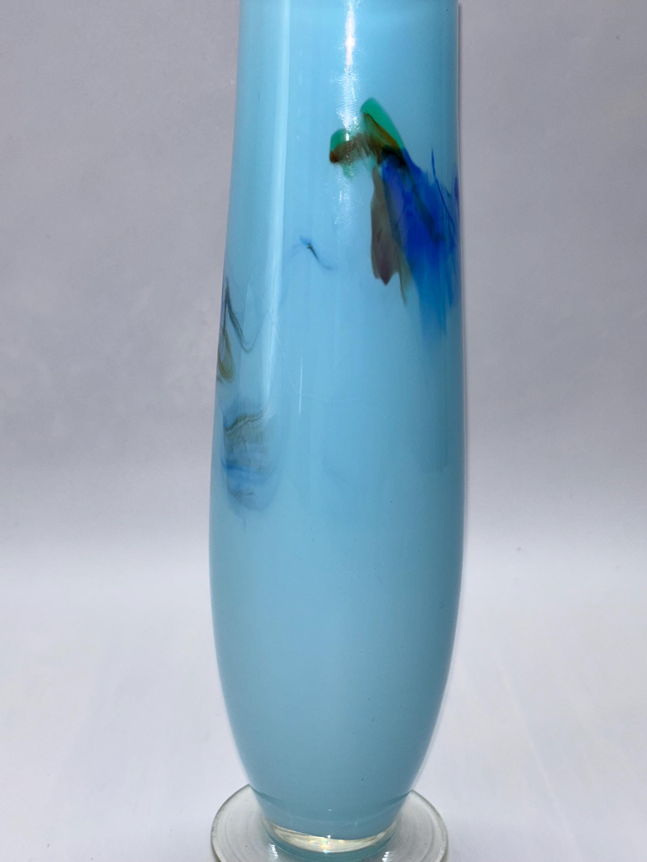 Dalian Glass Co. Snowflakes Vase Made in China Blue Swirl Vintage Cased ...