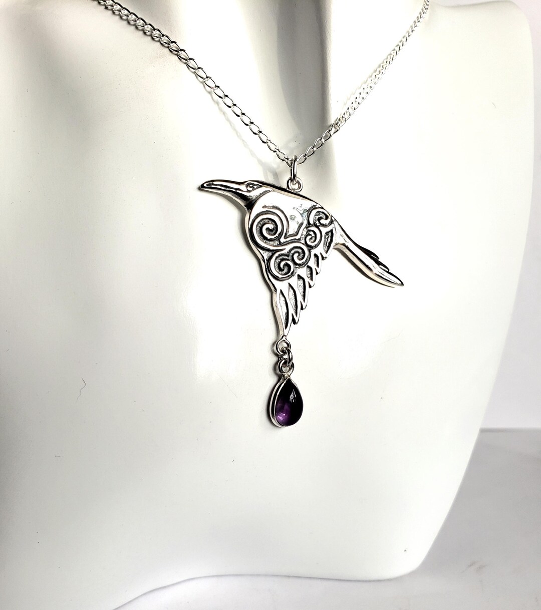 Hallmarked Sterling Silver Norse Raven Pendant With Amethyst Drop on 18 ...