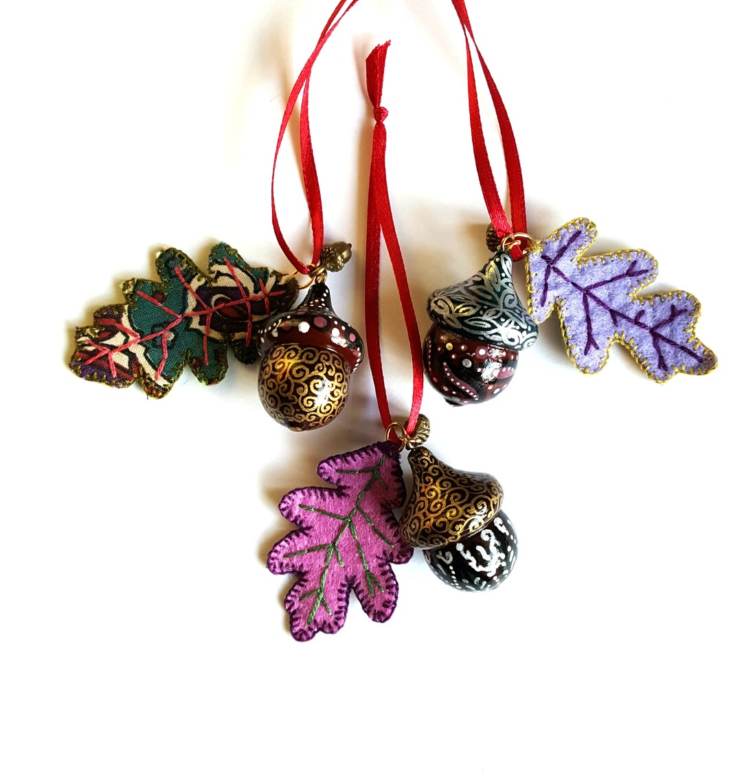 Trio of Hand Painted Wooden Acorn Hanging Decorations With Embroidered ...