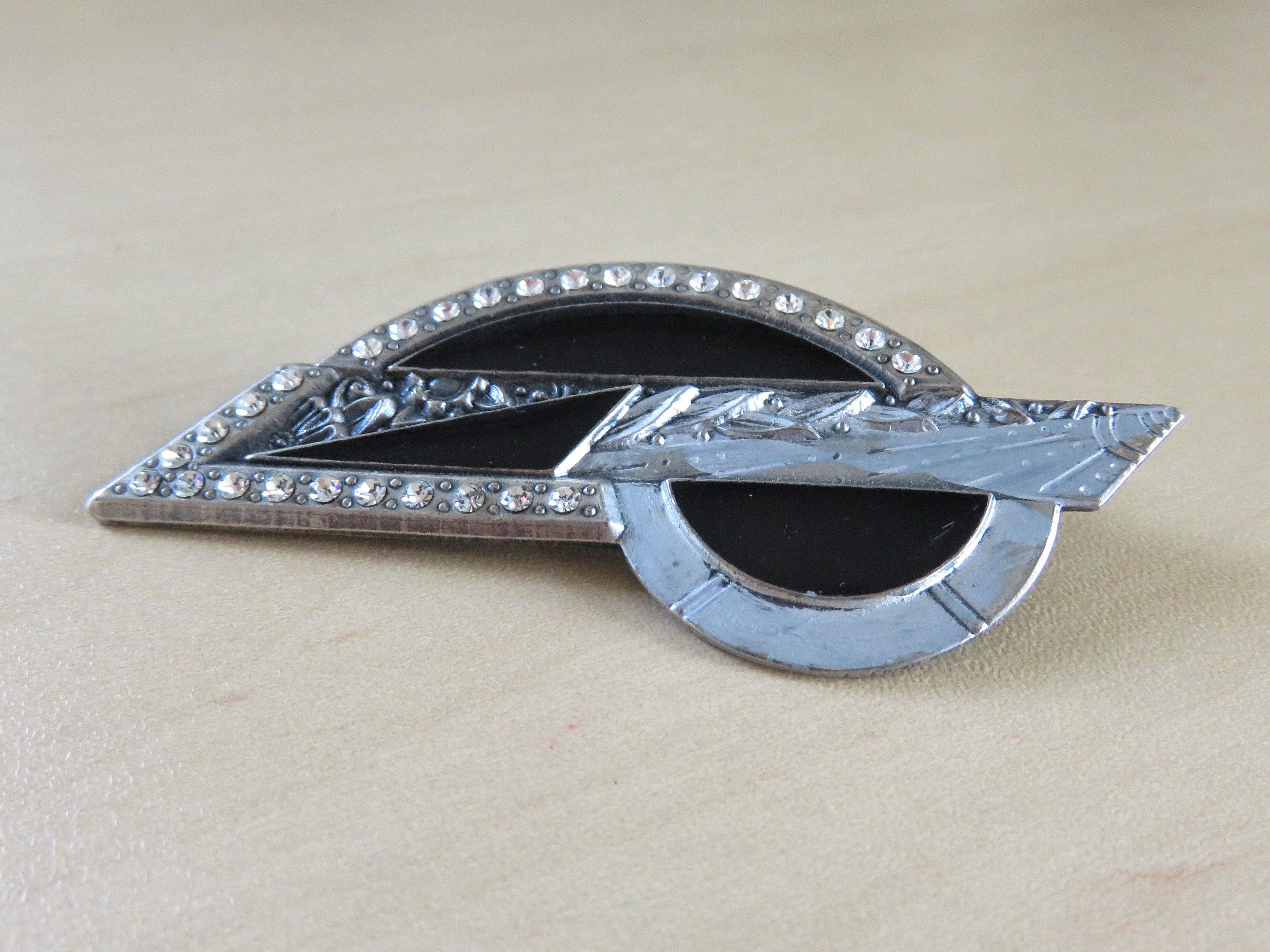 Vintage DURI Art Deco Design Brooch Black Enamel Silver | Etsy