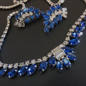 Vintage B DAVID Blue Rhinestone Necklace & Earrings Set, Rhodium Plated ...