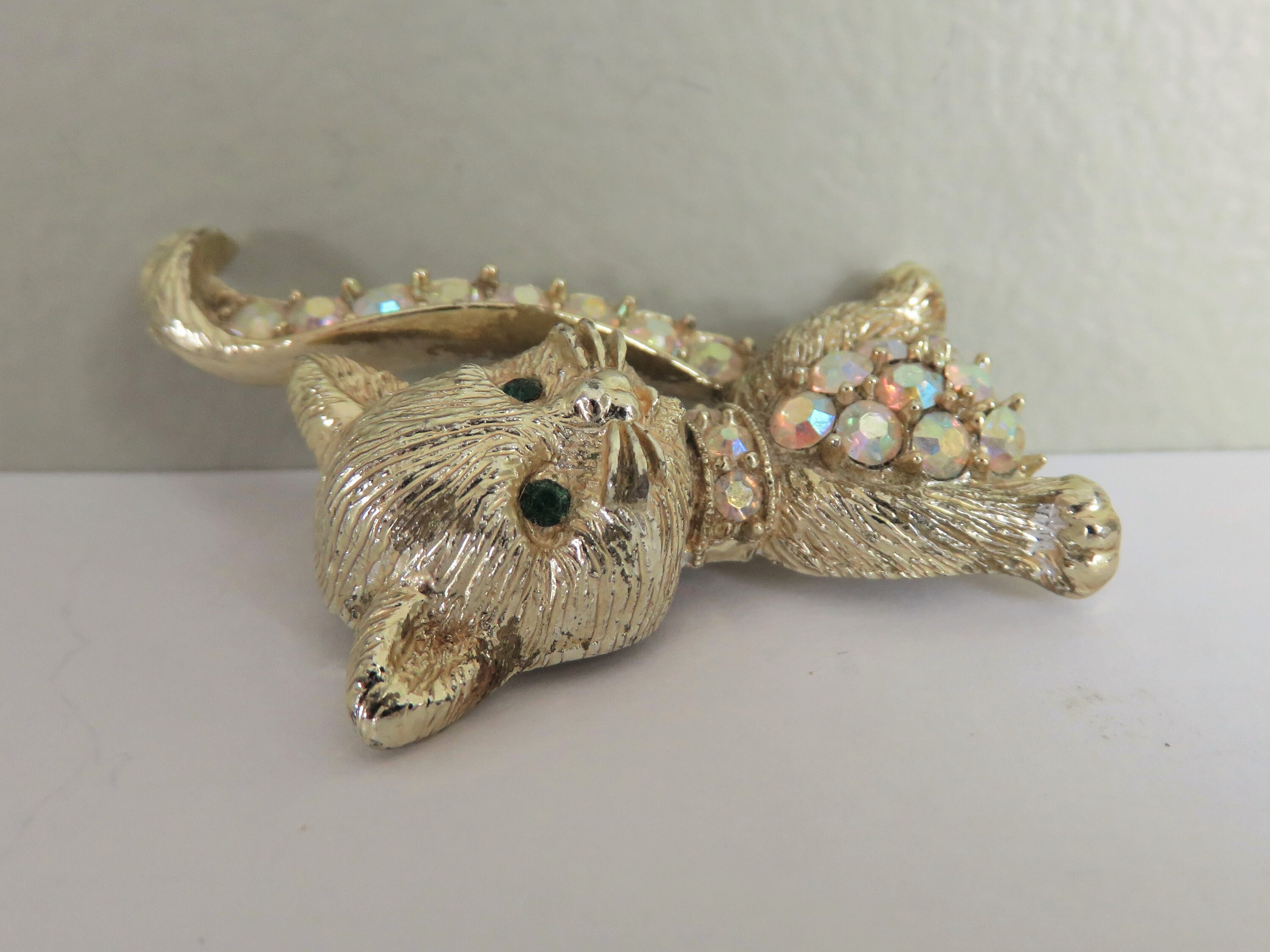 Vintage Rhinestone Cat Brooch Iridescent AB & Green Crystals | Etsy