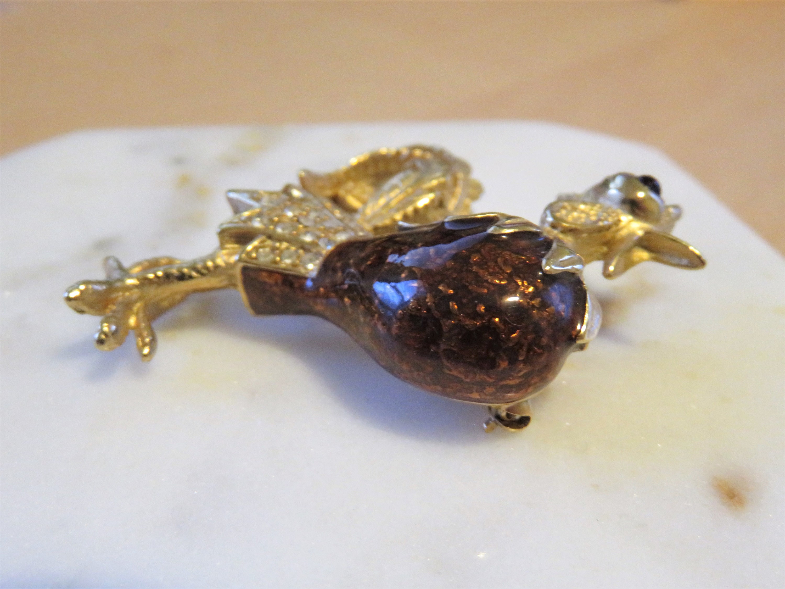 Vintage E ERWIN PEARL Rooster Brooch Signed Gold Tone Clear | Etsy