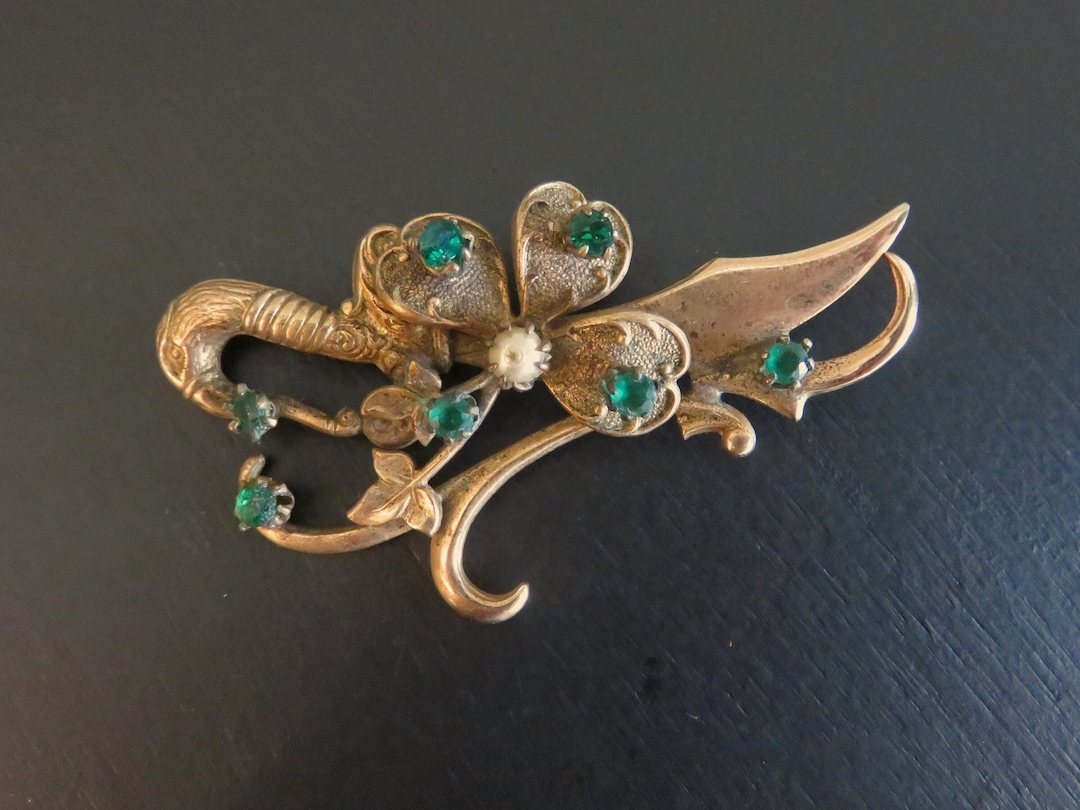 ANTIQUE Vintage Irish Sword Shamrock Bird Brooch, Green Rhinestone ...