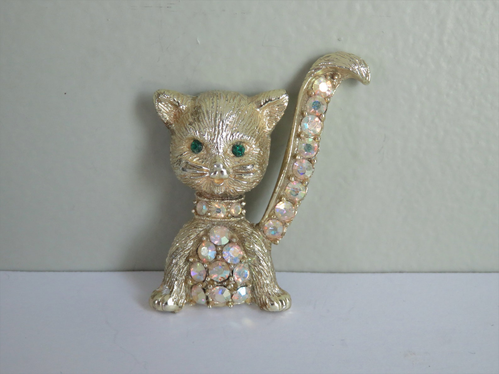 Vintage Rhinestone Cat Brooch Iridescent AB & Green Crystals | Etsy