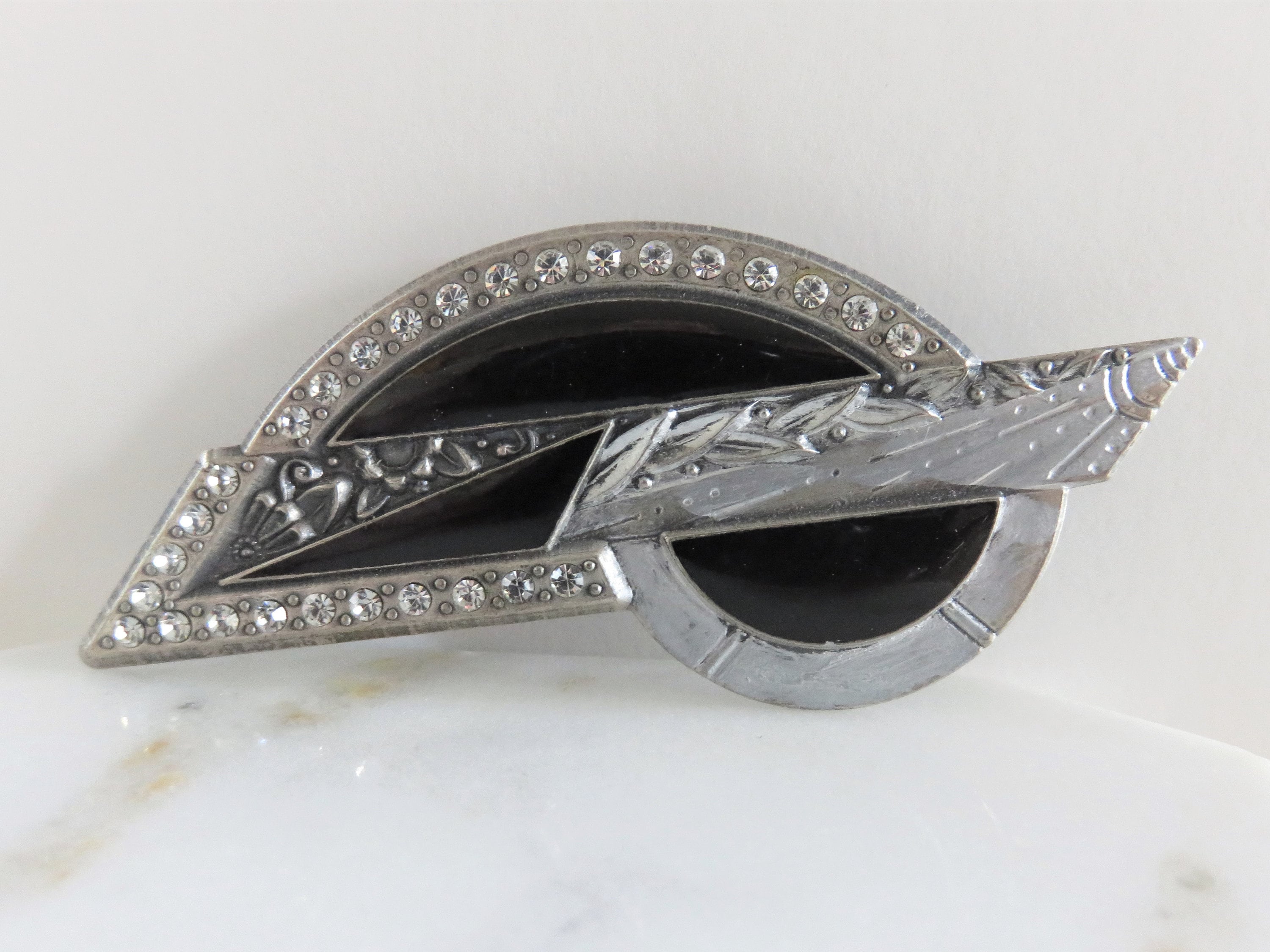 Vintage DURI Art Deco Design Brooch Black Enamel Silver | Etsy