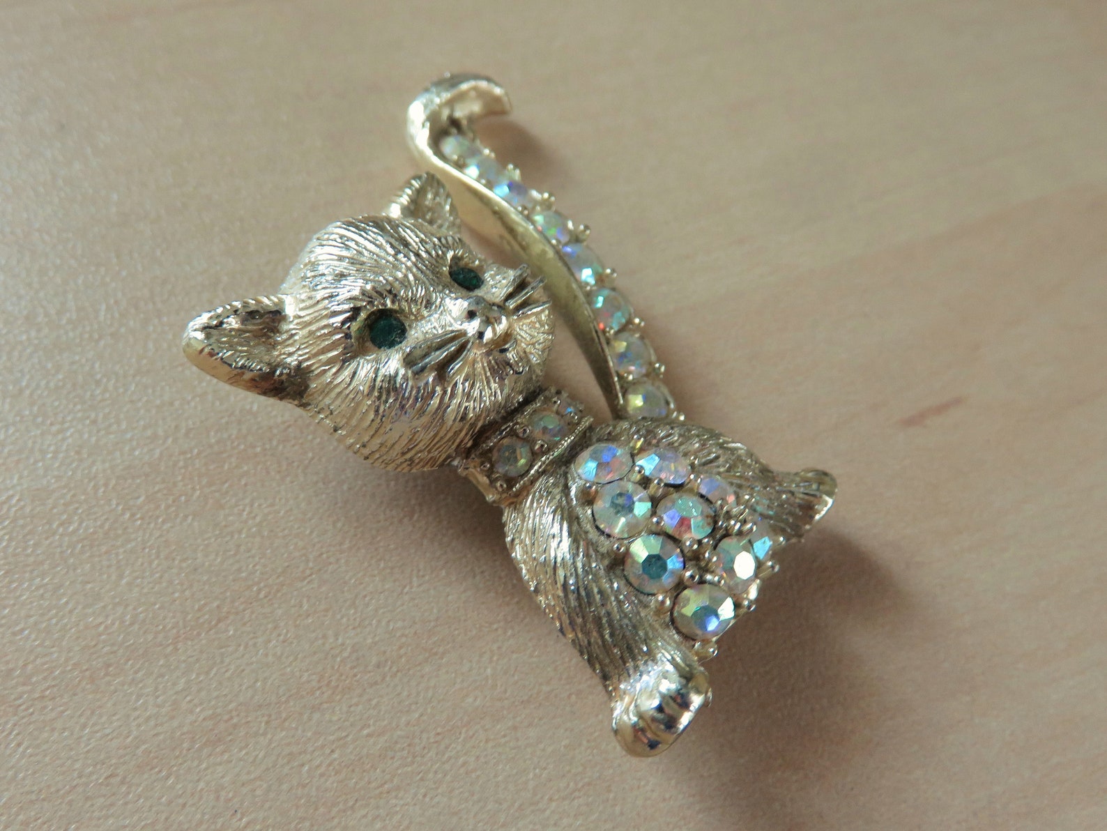 Vintage Rhinestone Cat Brooch Iridescent AB & Green Crystals - Etsy