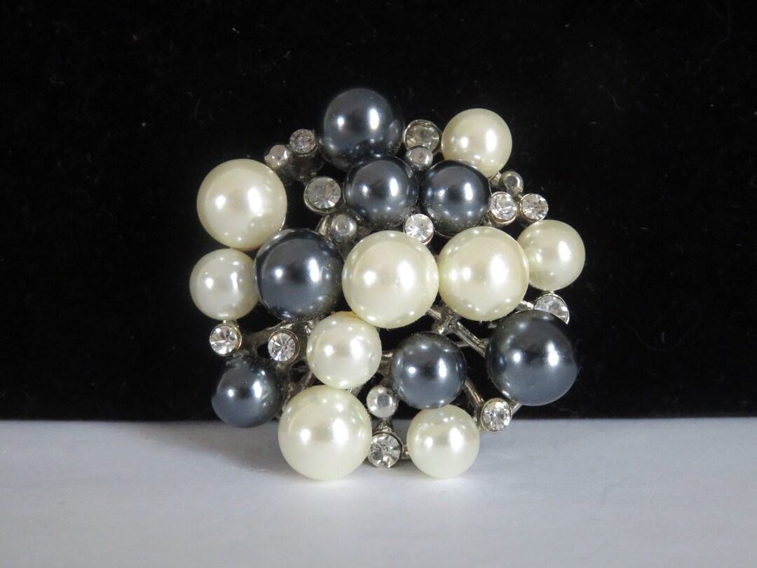 Vintage Modernist High End Glass Pearl & Rhinestone Silver Tone Brooch ...