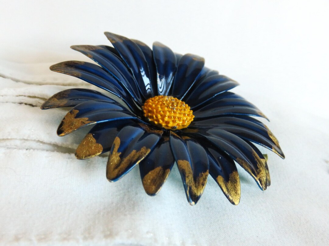 Vintage Huge Blue Gold & Yellow Enamel Flower Power Brooch, Navy ...