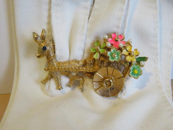 Vintage Donkey & Flower Cart Brooch, Colorful Enamel,… - Gem