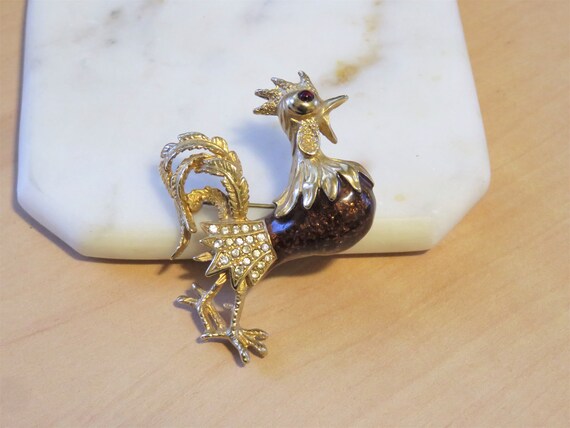 Vintage E ERWIN PEARL Rooster Brooch Signed Gold Tone Clear | Etsy
