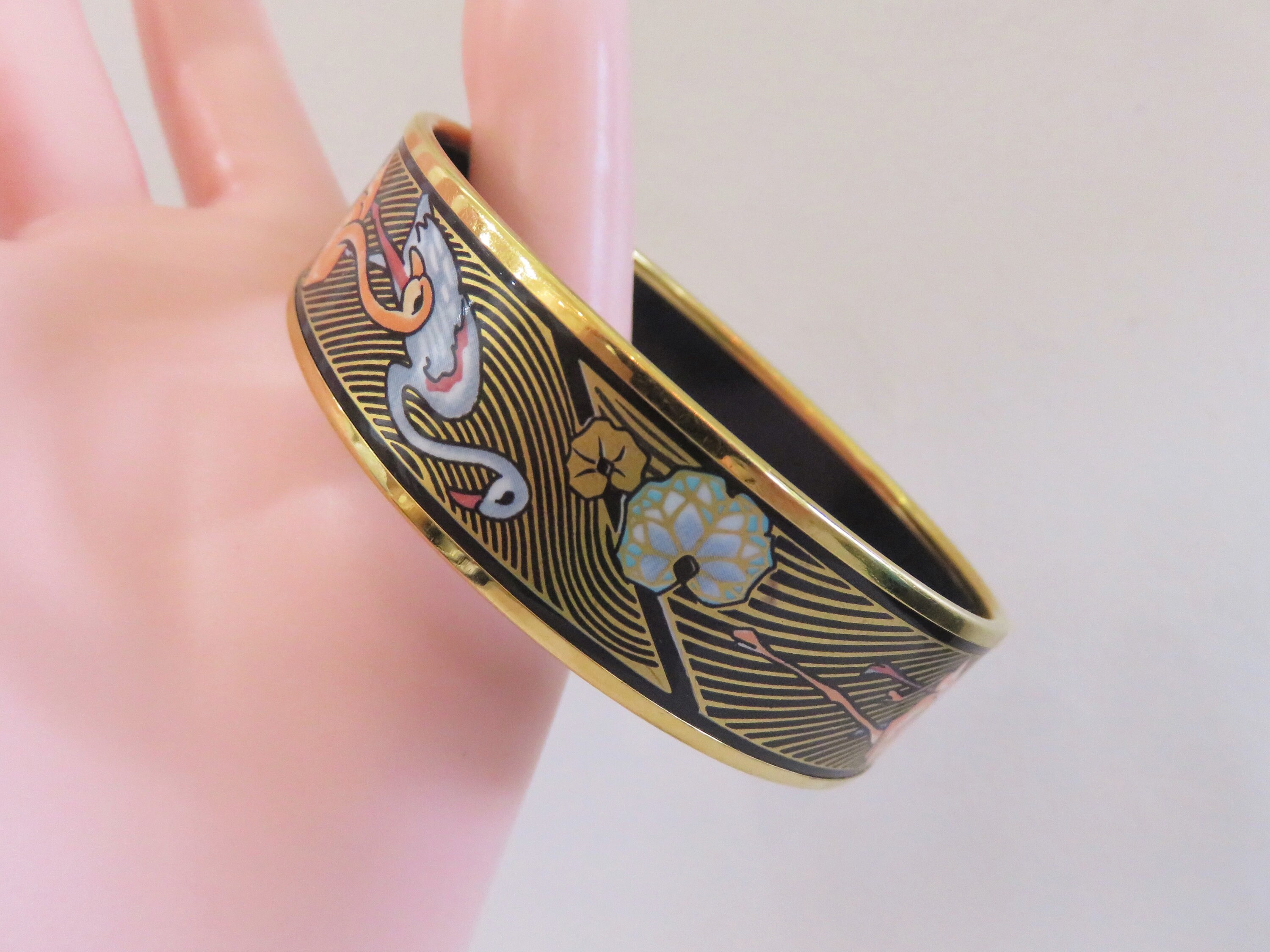 Vintage MICHAELA FREY Bird Bangle Bracelet, 24ct Gold Black Blue Pink ...