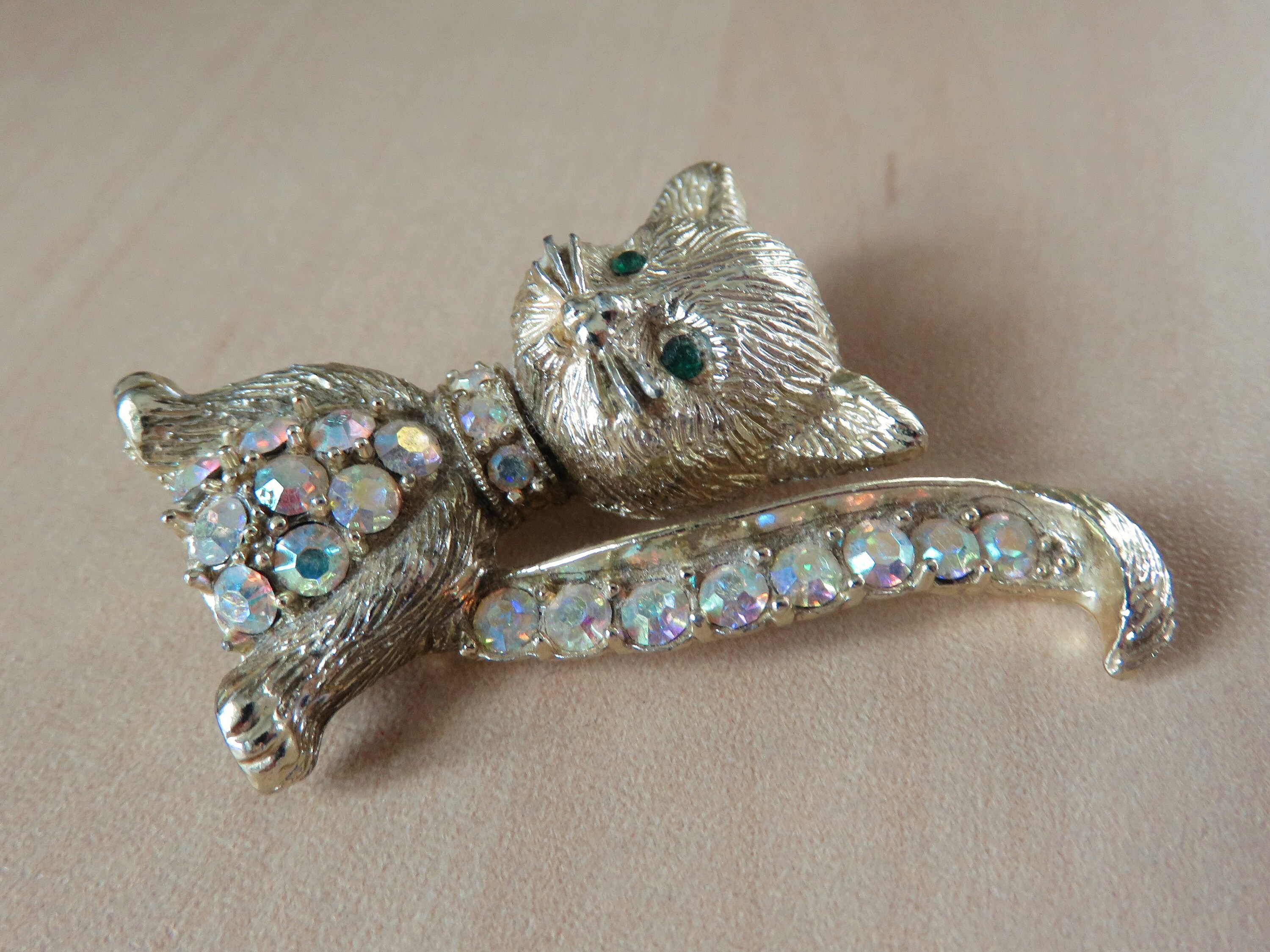 Vintage Rhinestone Cat Brooch Iridescent AB & Green Crystals | Etsy
