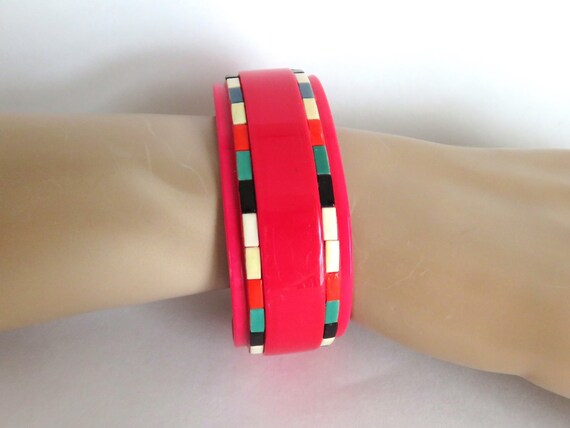 Unusual Vintage Celluloid Wide Cuff Bracelet, Colorfu… - Gem