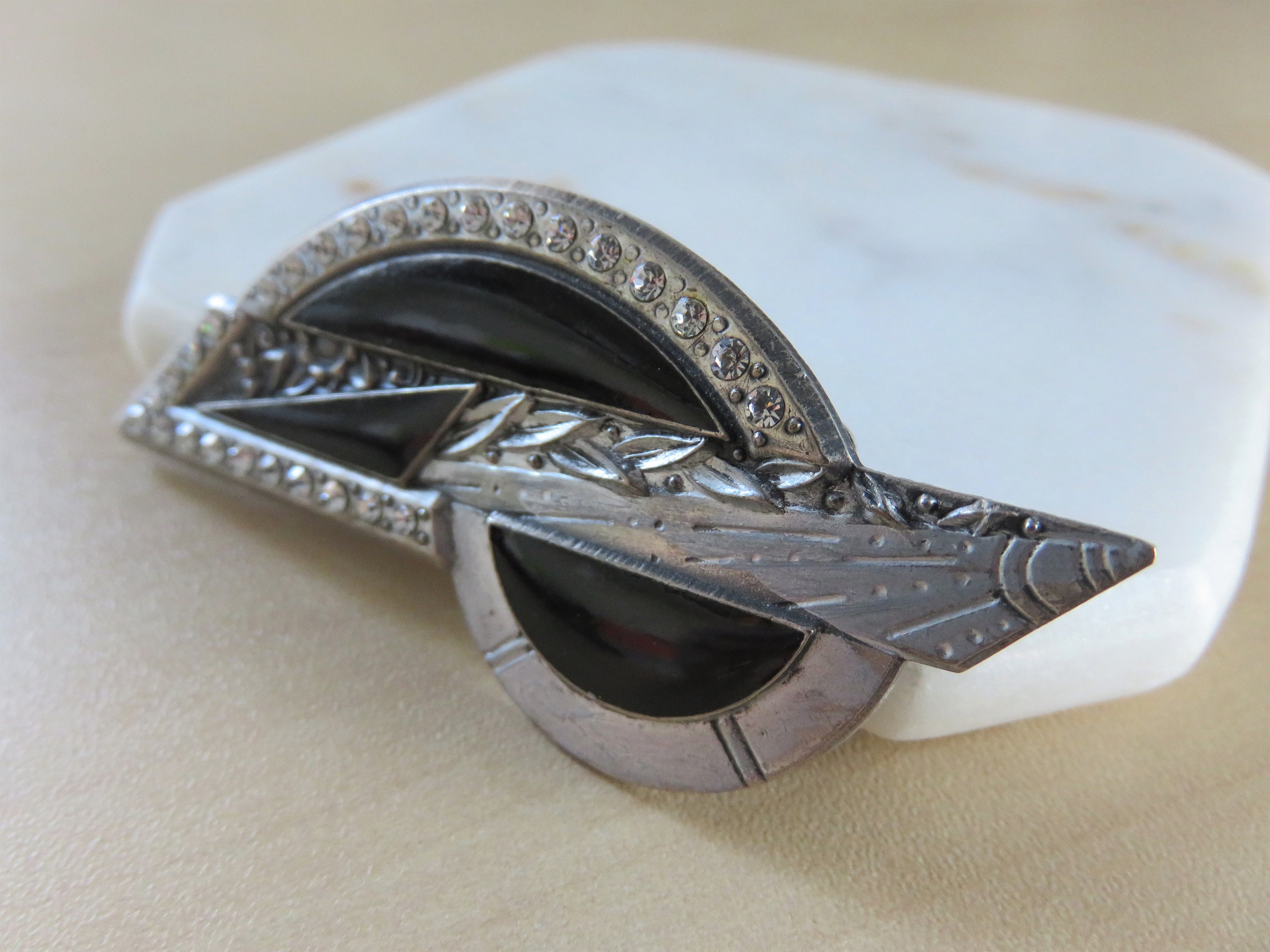 Vintage DURI Art Deco Design Brooch Black Enamel Silver | Etsy