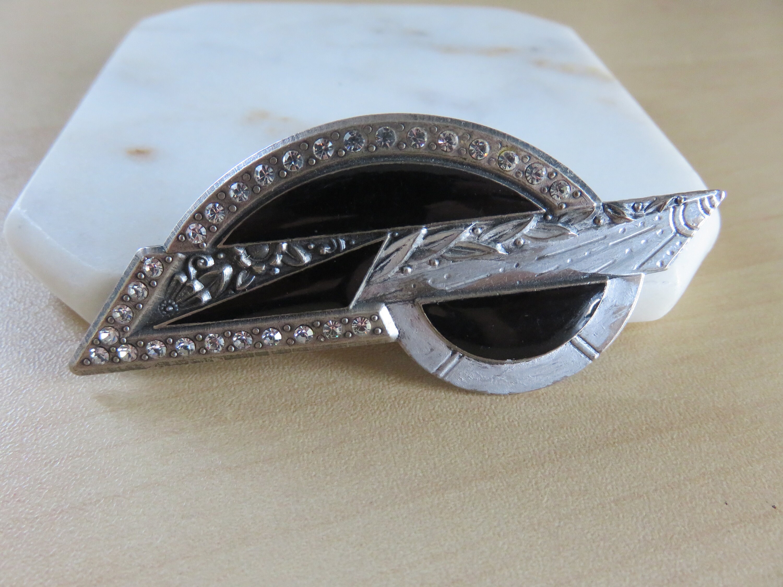 Vintage DURI Art Deco Design Brooch Black Enamel Silver | Etsy