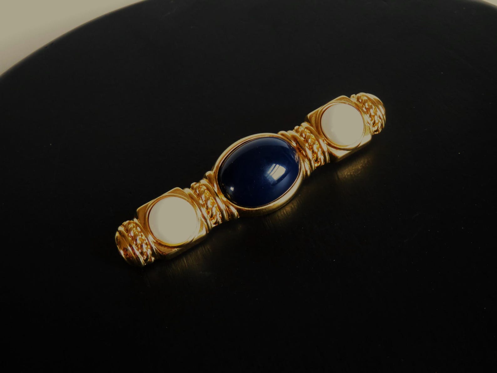 Vintage MONET Etruscan Revival Bar Brooch With Gold Tone Metal, Navy ...