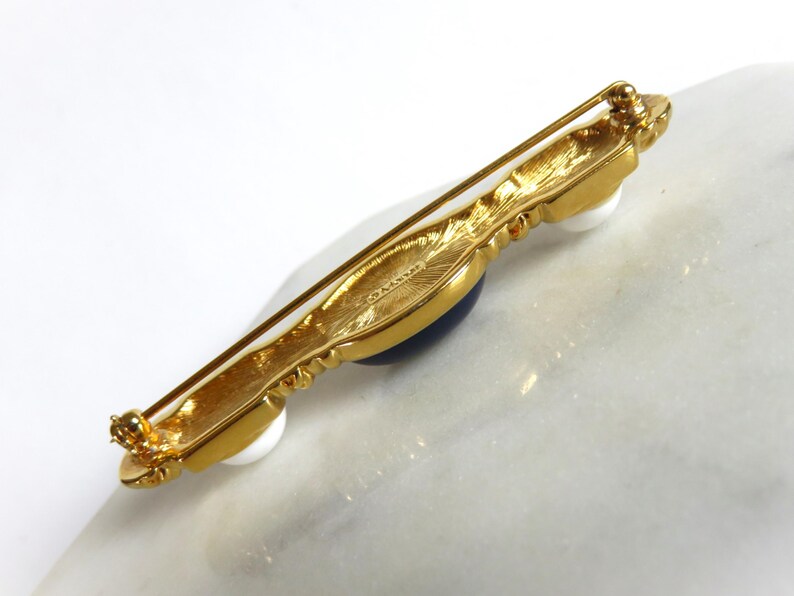 Vintage MONET Etruscan Revival Bar Brooch With Gold Tone Metal, Navy ...