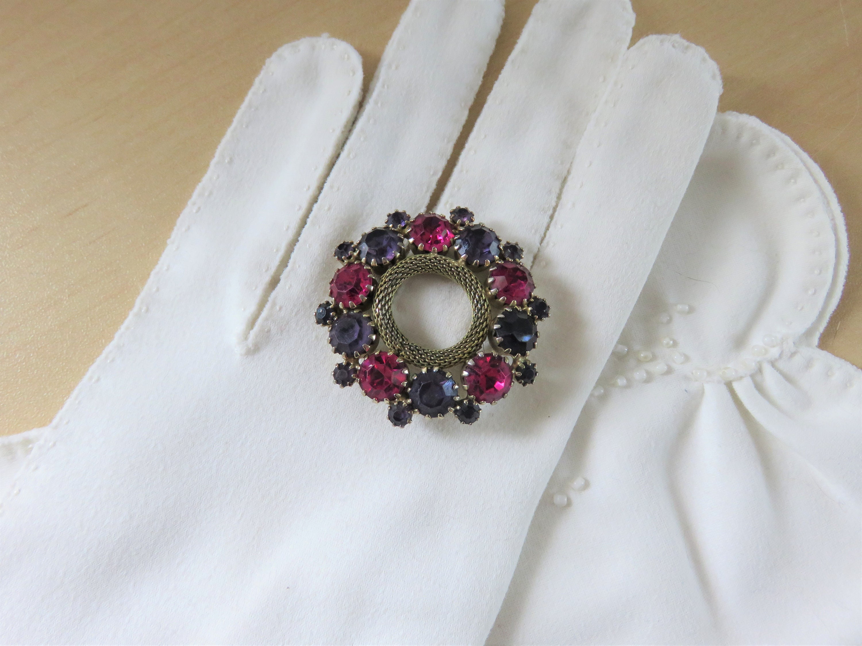 Vintage WEISS Rhinestone & Mesh Wreath Brooch, Purple and Fuchsia Pink ...