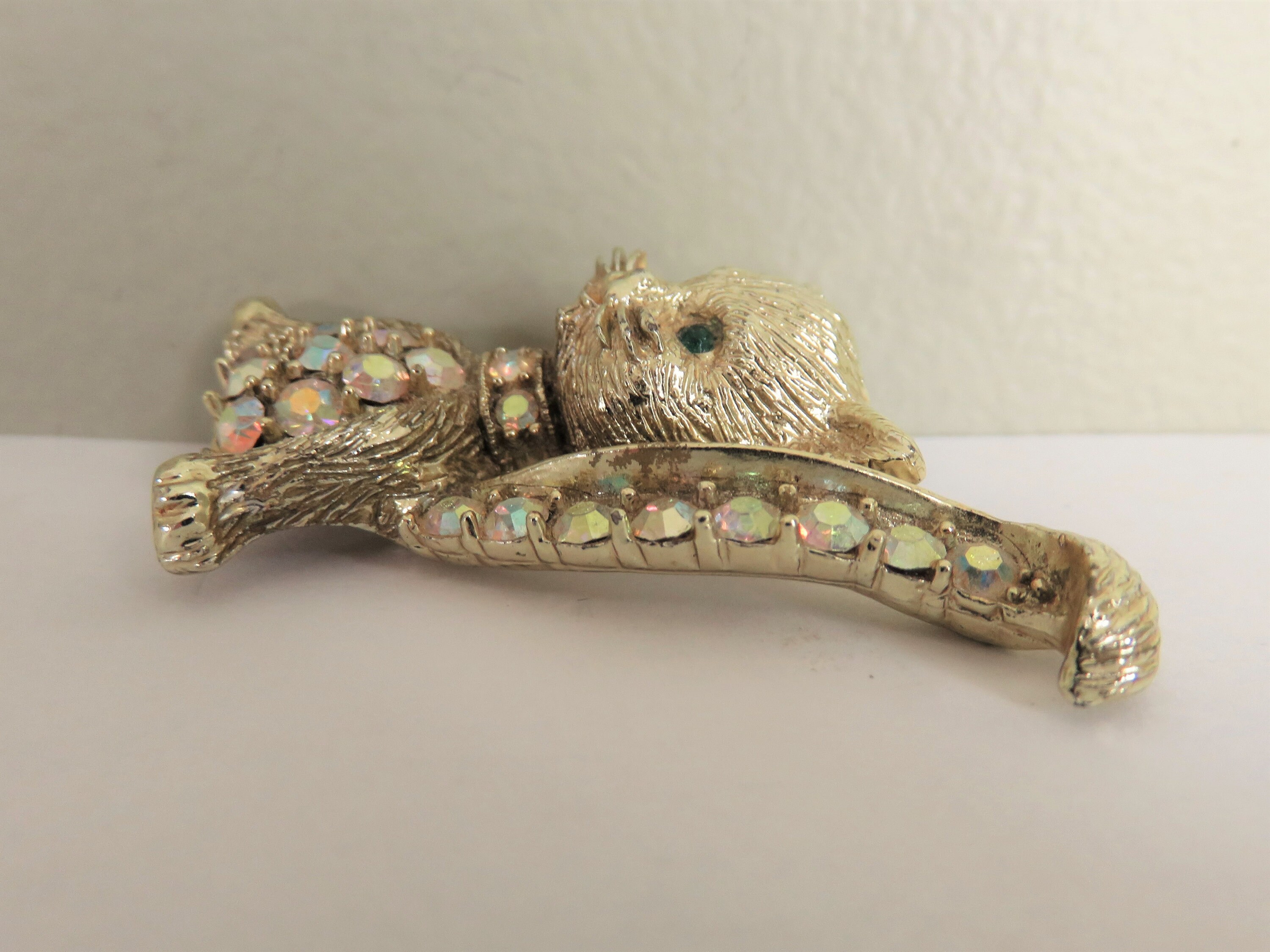 Vintage Rhinestone Cat Brooch Iridescent AB & Green Crystals | Etsy