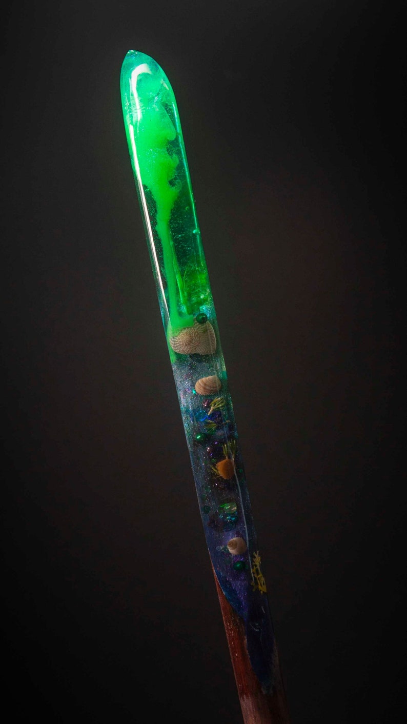 Resin Wood Magic Wand – Nymph's Water, Glowing Green, Seashells ...