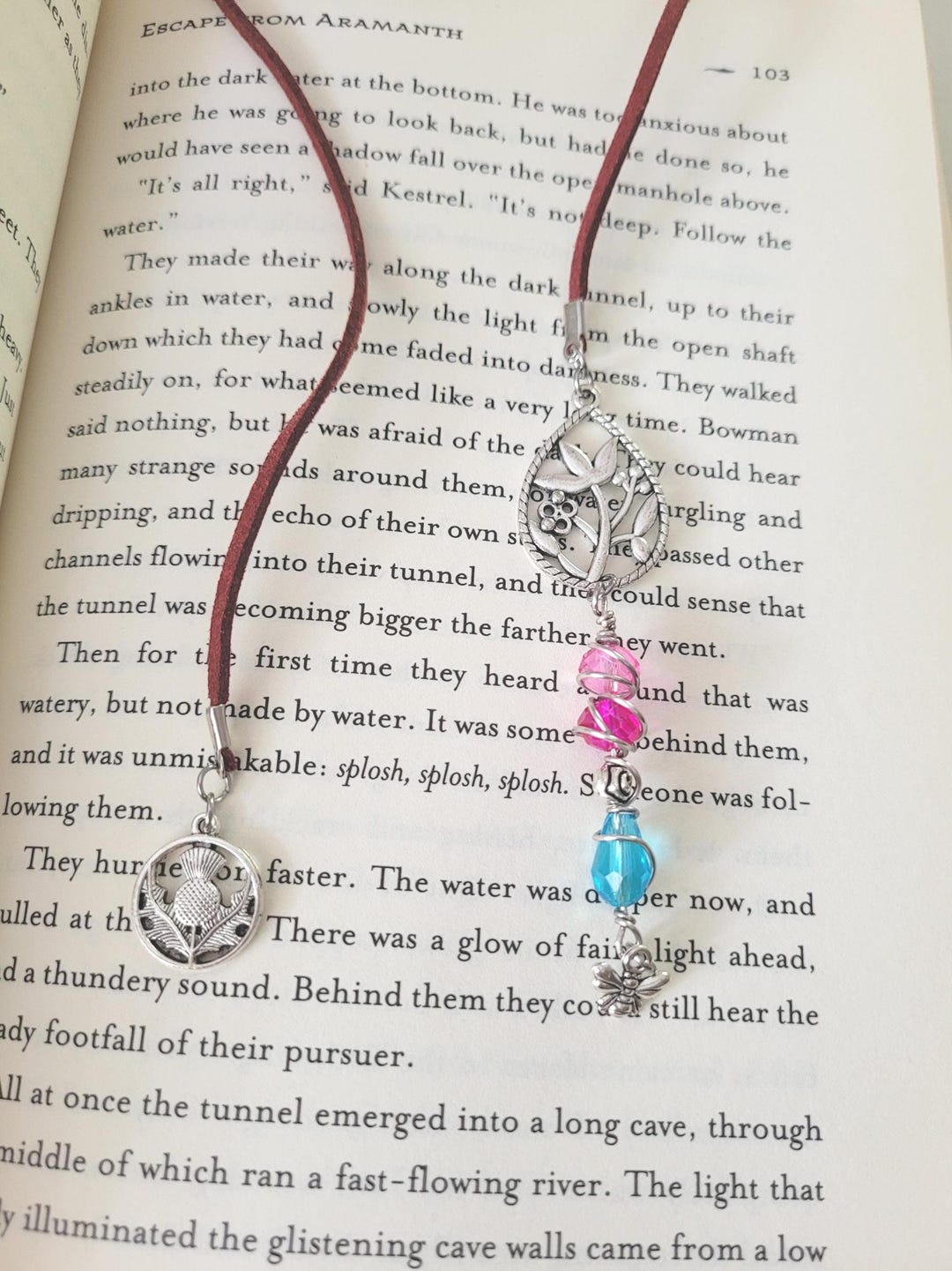 Floral Bookmark Charm - Scottish Thistle Bee Flower Garden - Blue Pink ...