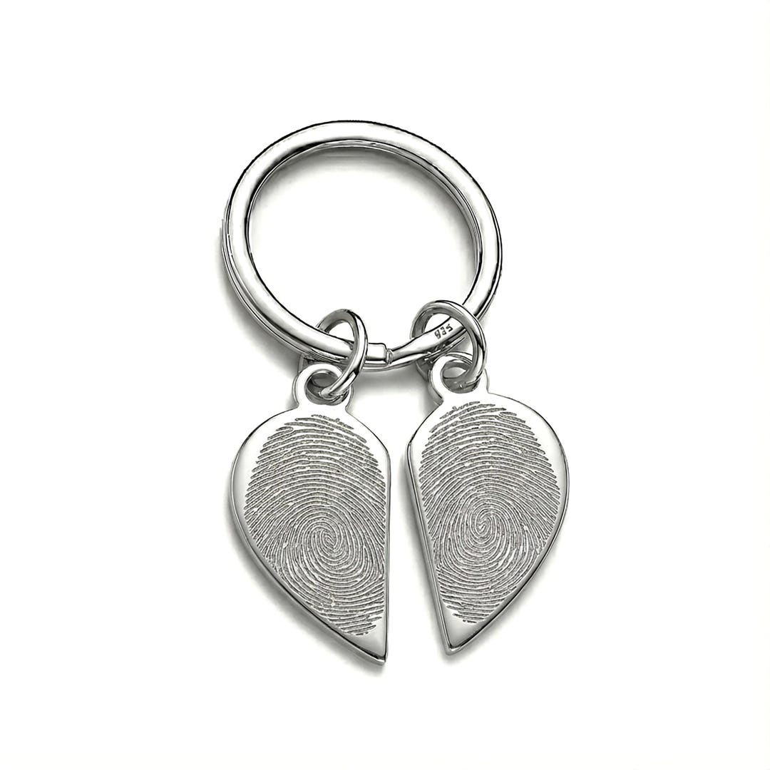 Personalized Fingerprint Half Heart Double Tag Key Chain in 925 ...