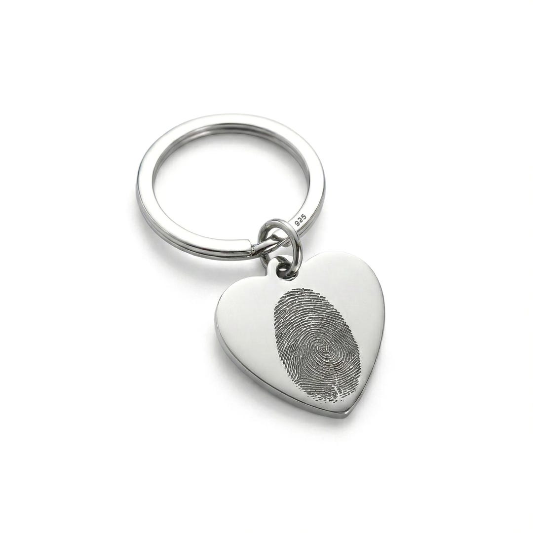 Personalized Fingerprint Heart Disc Key Chain in 925 Sterling Silver ...