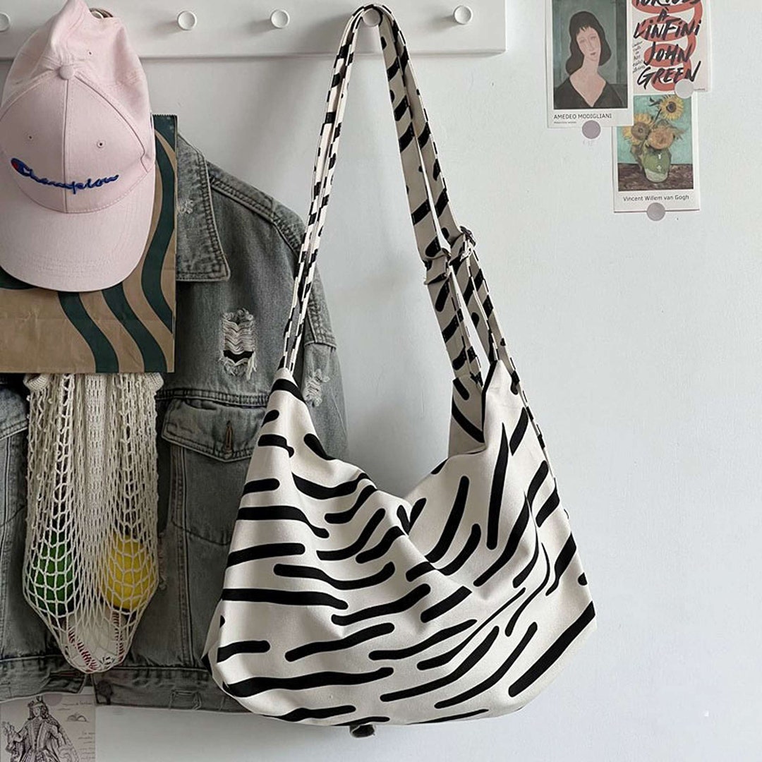 Zebra Canvas Tote Bag Zipper Student Large Capacity Shoulder Bag Solid ...