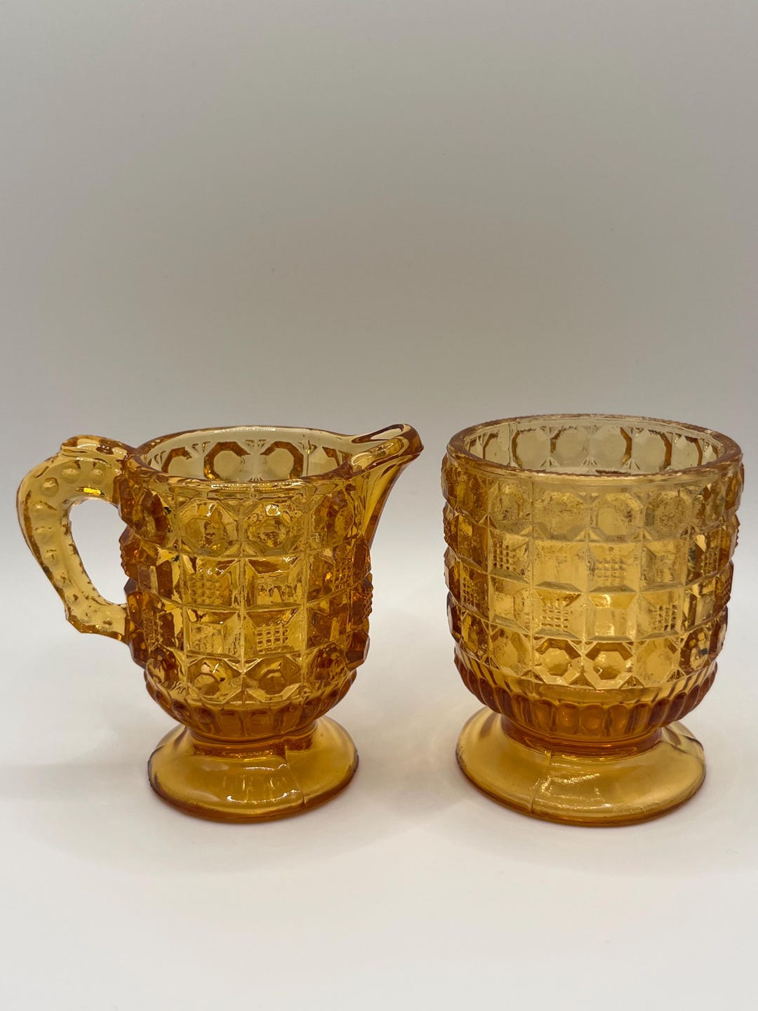 Amber Pressed Glass Creamer and Sugar Set in "waffle & Button" Pattern ...