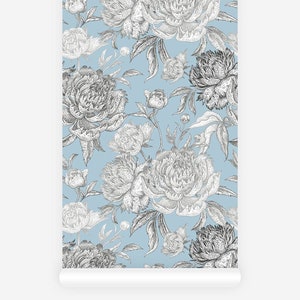 Blue Peony Floral Wallpaper - Chinoiserie Peel and Stick - Etsy
