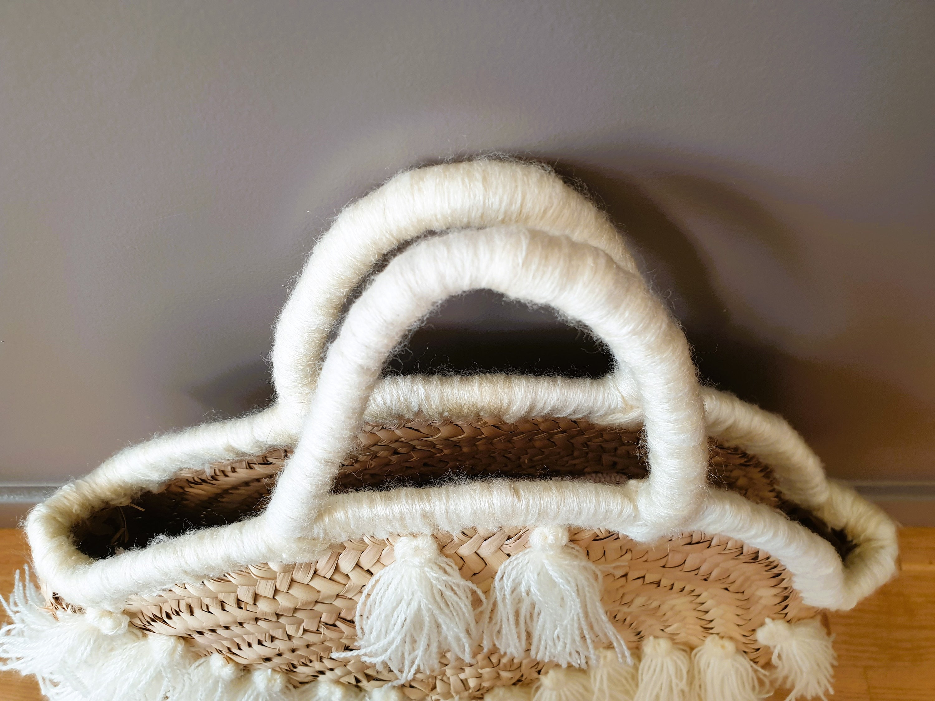 Round Basket Woven and Embroidered "frilly" Wool, Short Wool Handles ...