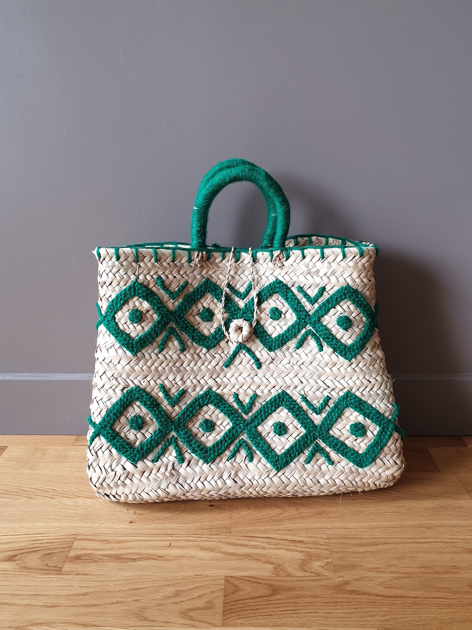 "madame" Basket Woven and Embroidered With Wool Motifs, Short Handles ...
