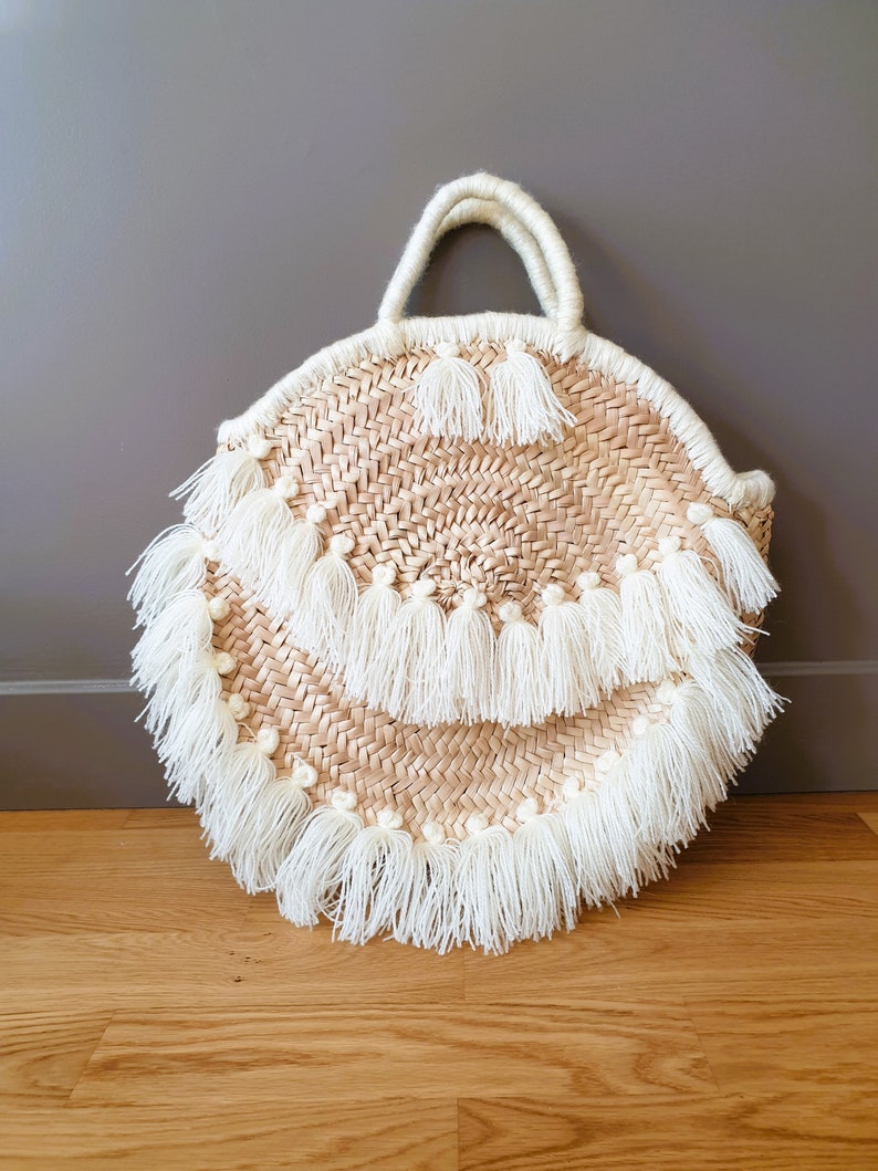 Round Basket Woven and Embroidered "frilly" Wool, Short Wool Handles ...