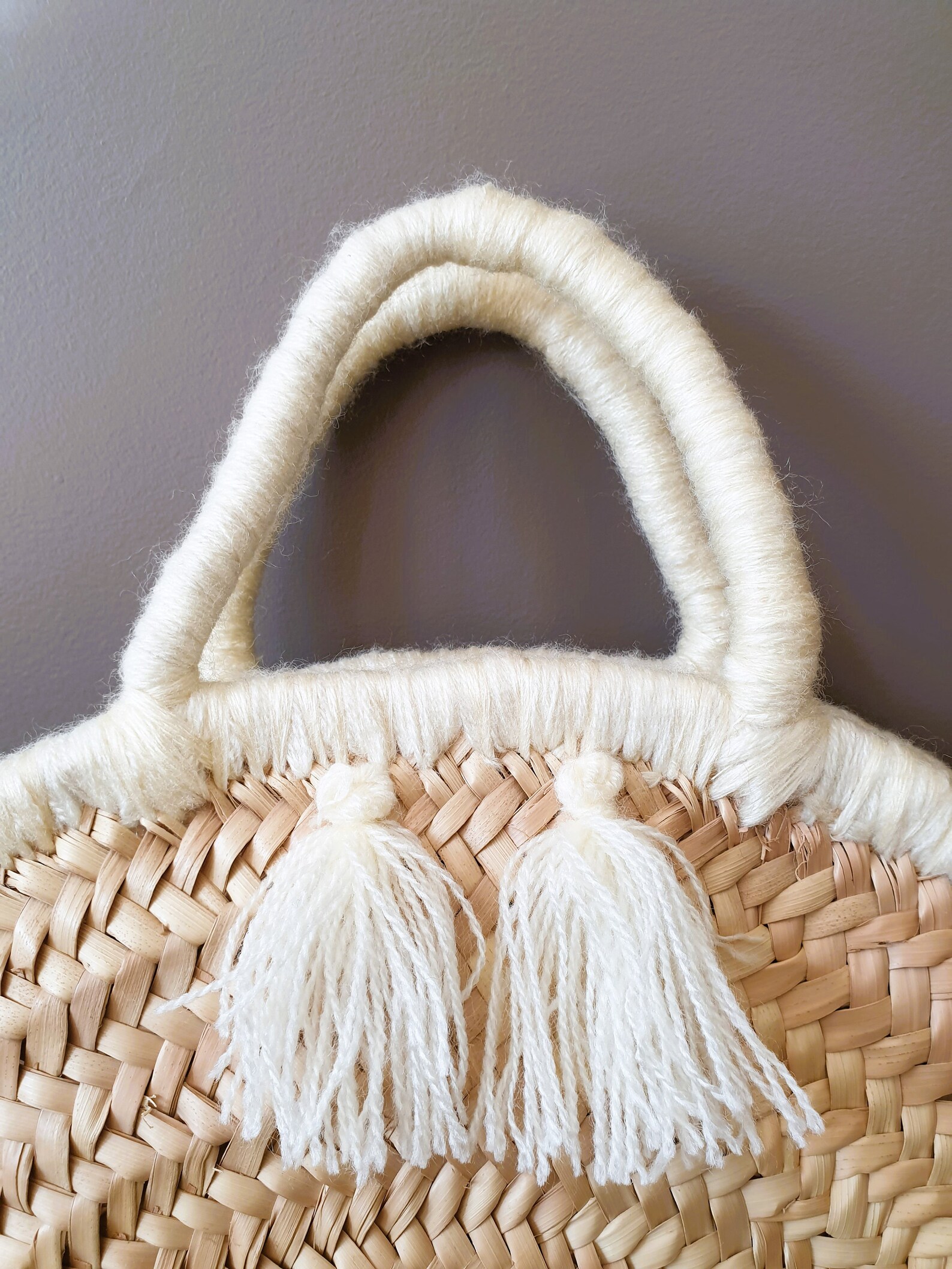 Round Basket Woven and Embroidered "frilly" Wool, Short Wool Handles ...