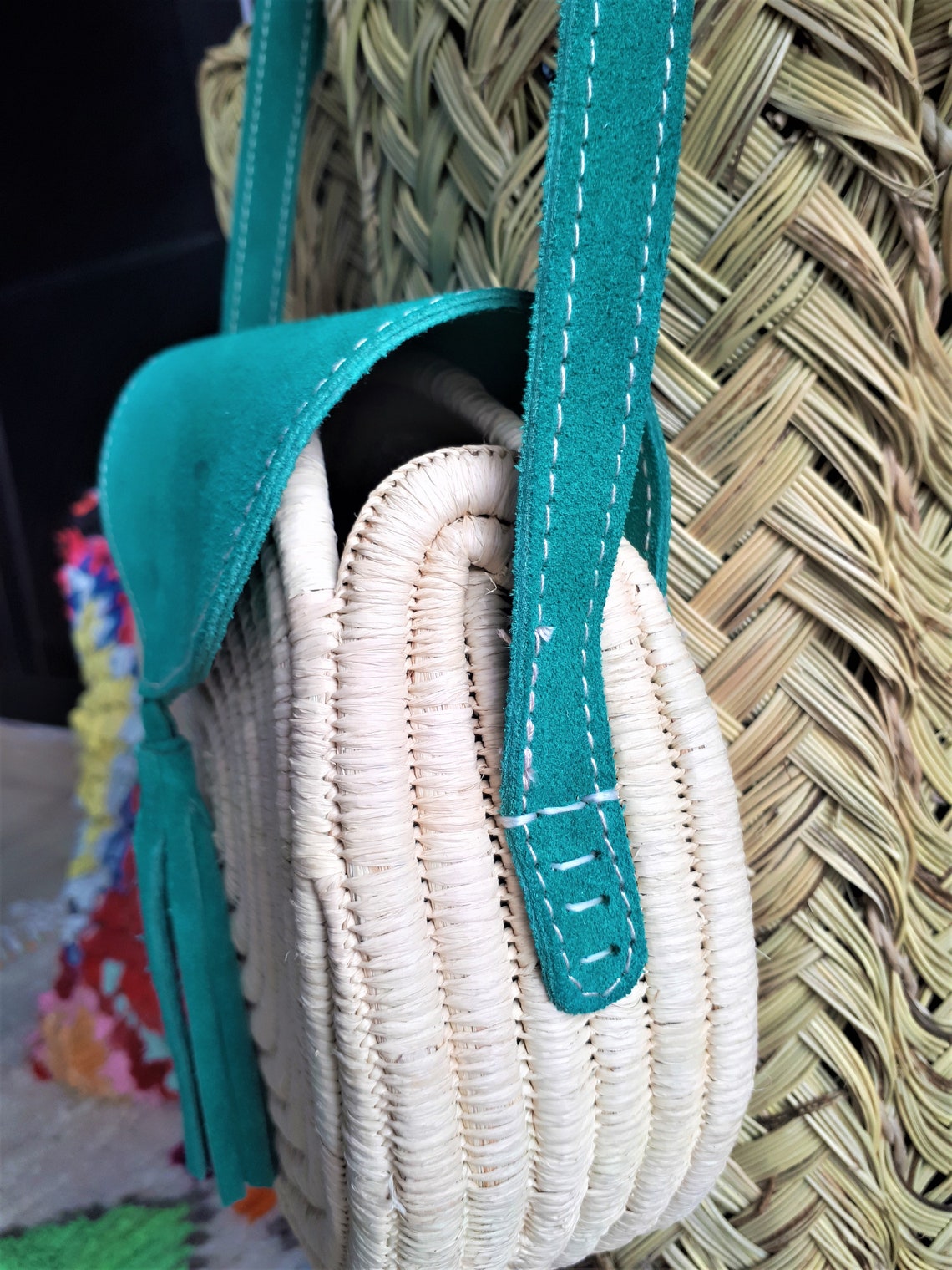 Sac à main rond en raphia et daim Fait main - Etsy France