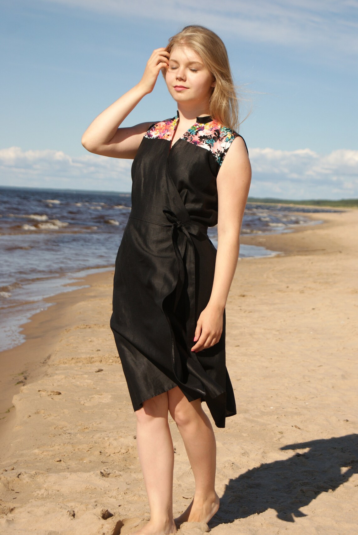 Linen Sundress Black Linen Wrap Dress Sleeveless Wrap Dress Kimono ...