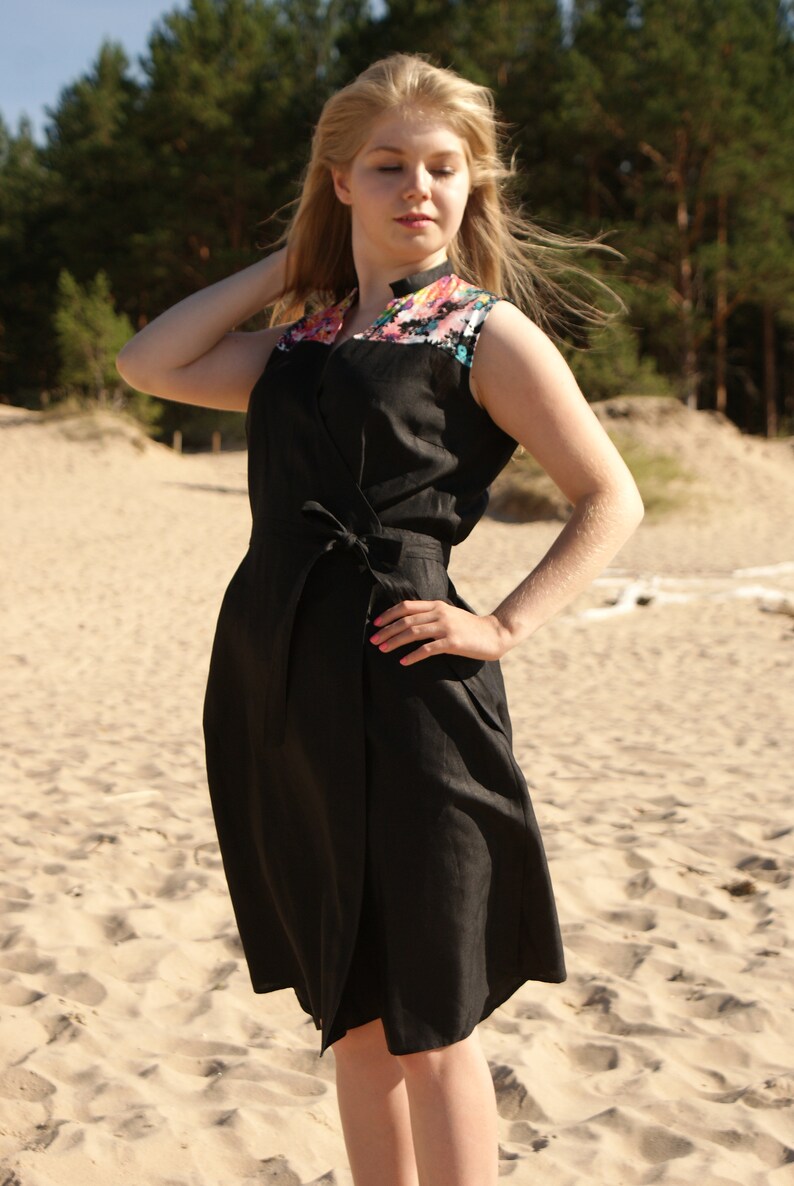 Linen Sundress Black Linen Wrap Dress Sleeveless Wrap Dress Kimono ...