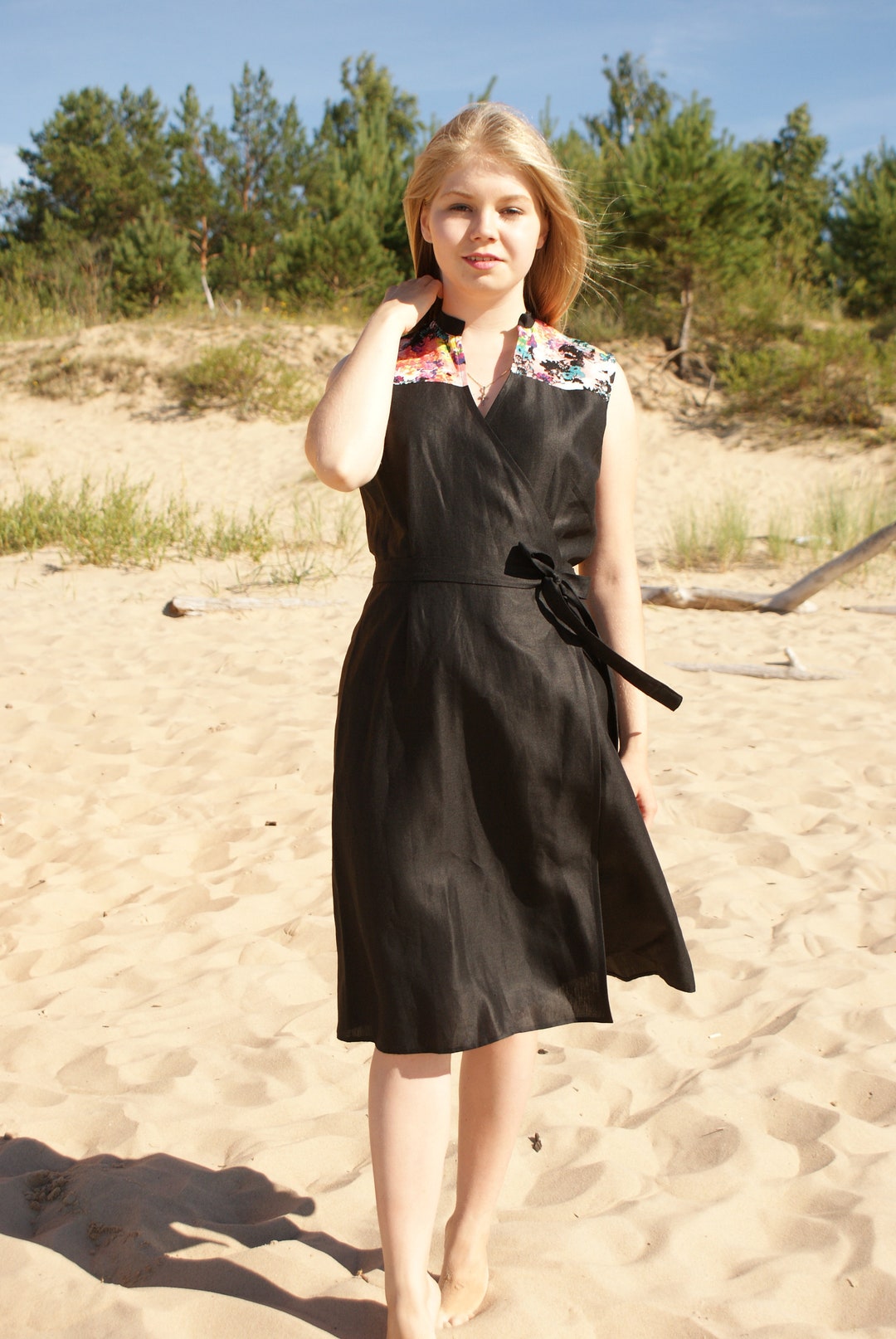 Linen Sundress Black Linen Wrap Dress Sleeveless Wrap Dress Kimono ...