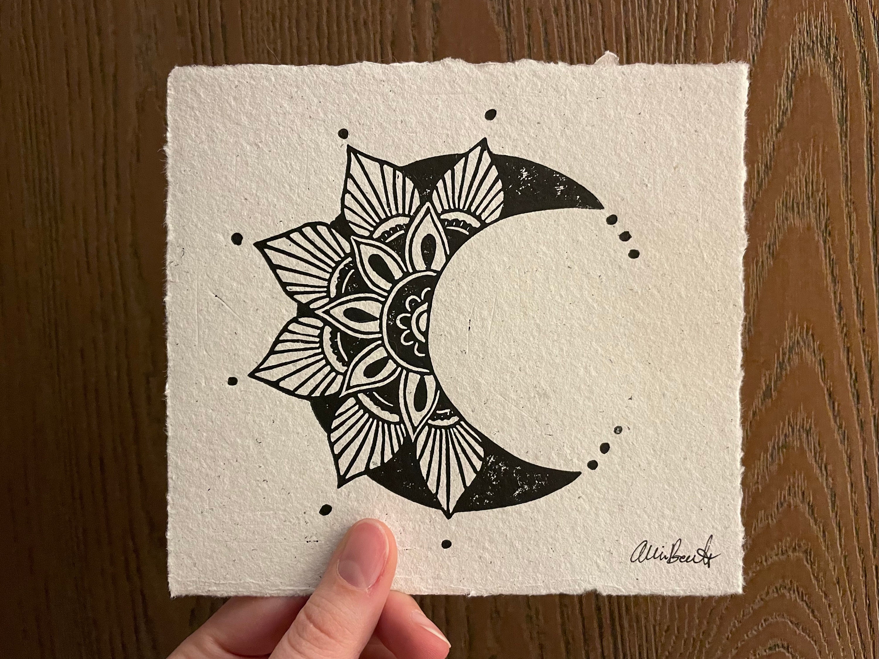 Crescent Moon Block Print | Hand Carved Linoleum Mandala Print ...