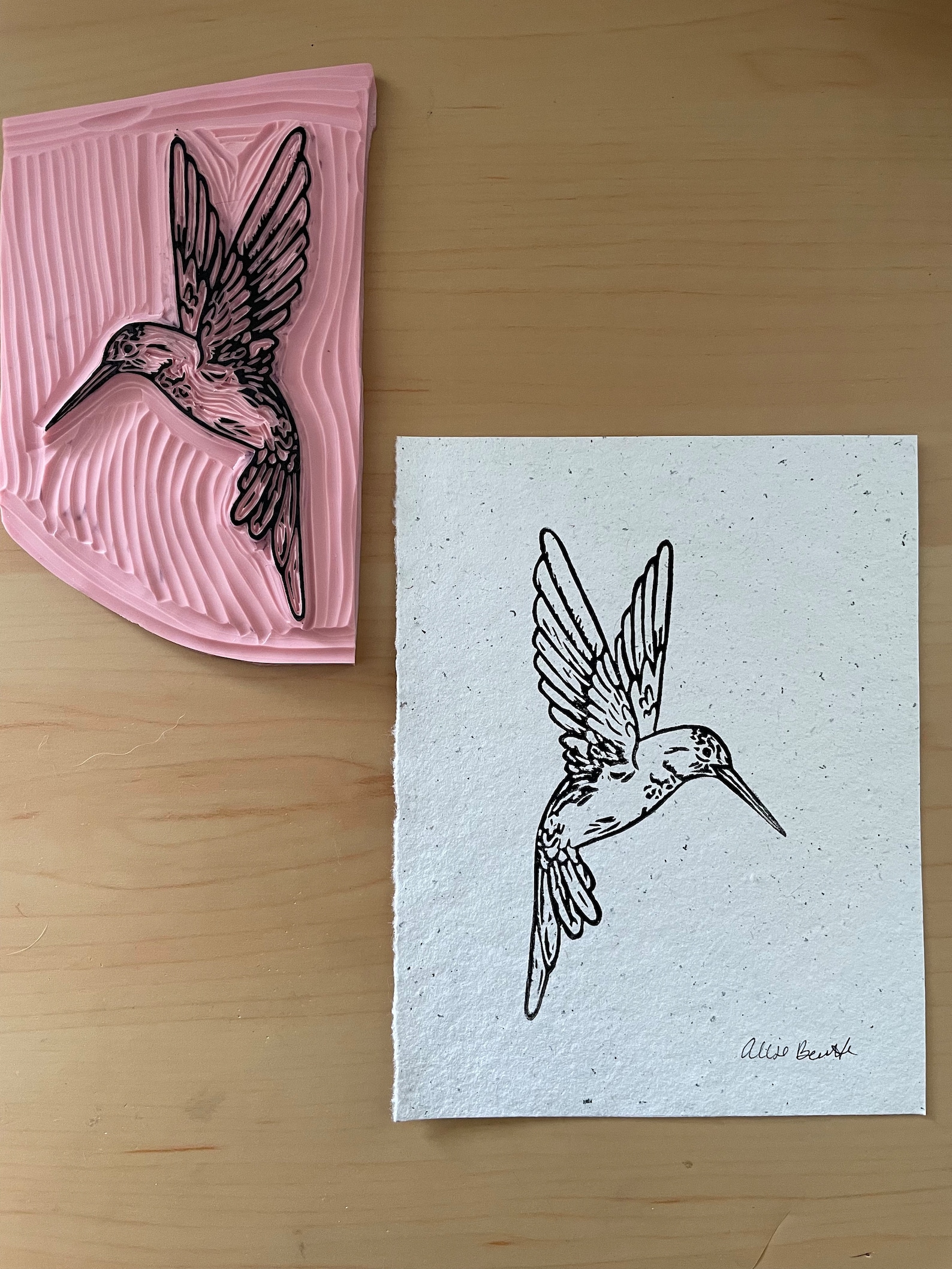 Hummingbird Linoleum Print | Block Print Bird Art - Etsy