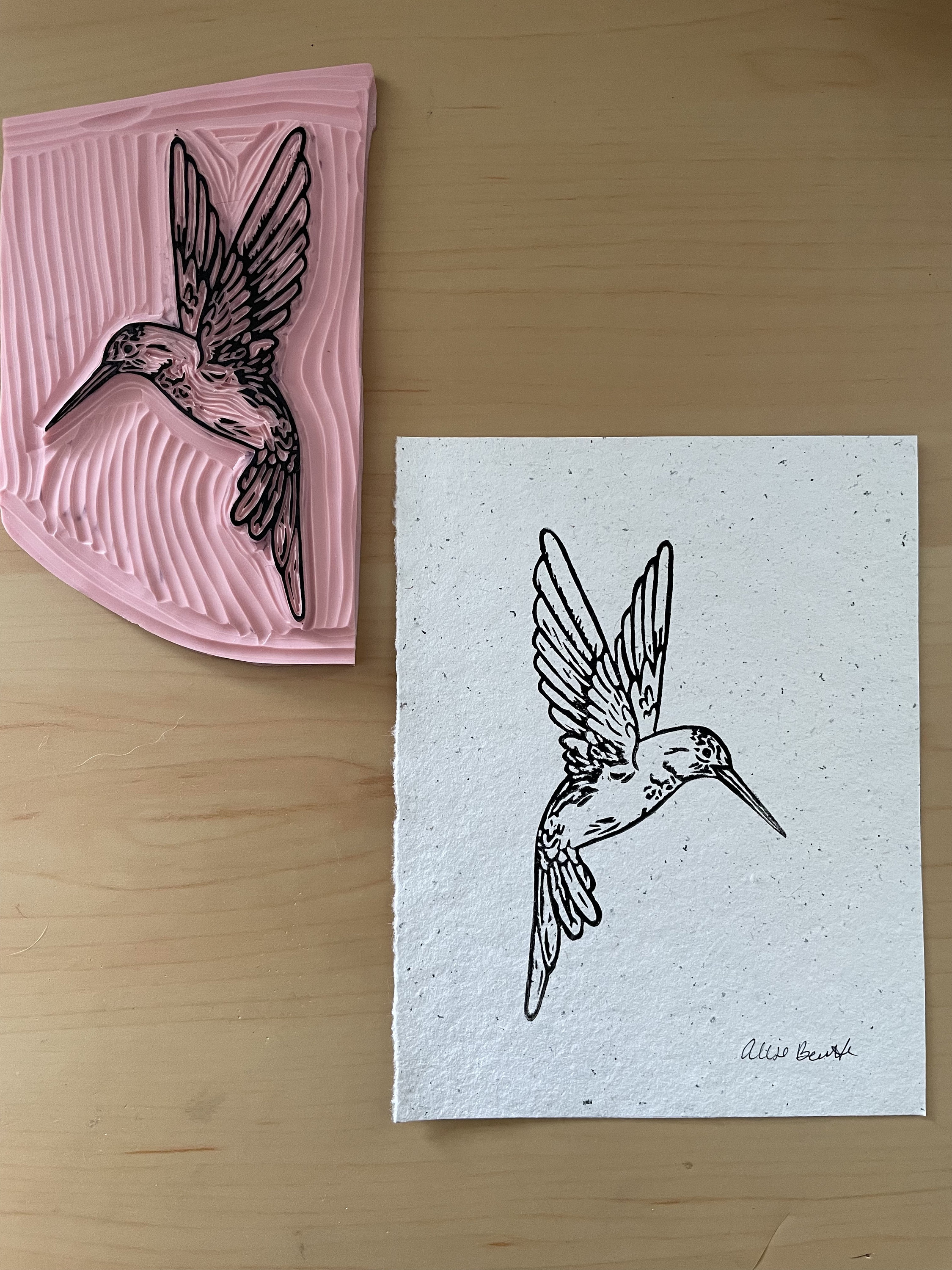 Hummingbird Linoleum Print | Block Print Bird Art - Etsy
