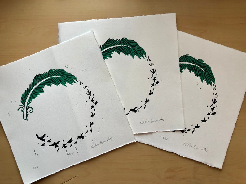 Hope | Linoleum Block Print | Reduction Print | Feather Transformation ...