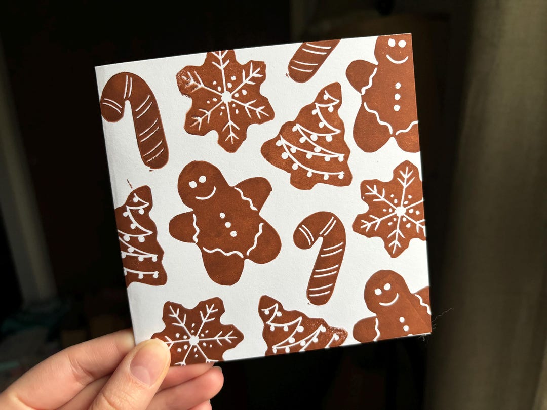 Gingerbread Cookies Christmas Card | Holiday Linoleum Print Greeting ...