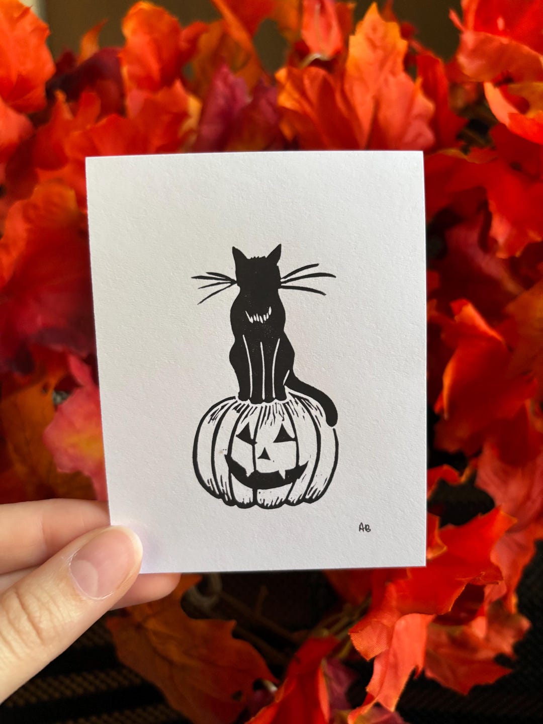 Mini Black Cat Jack-o’-lantern Linoleum Print | Spooky Art Block Print ...