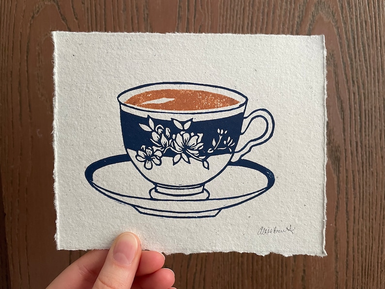 Vintage Tea Cup Block Print | Hand Carved Linoleum Print | China Tea ...