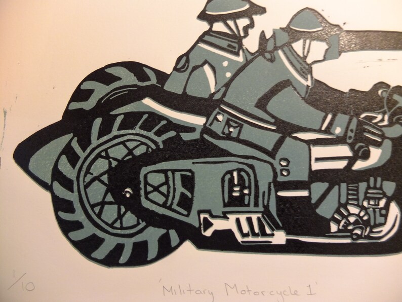 Original Lino Print 'military Motorcycle 1' - Etsy